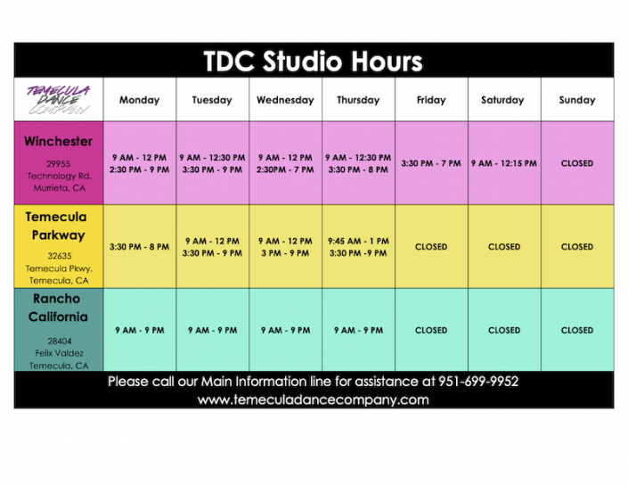 Dance Studio Hours | Temecula Dance Company